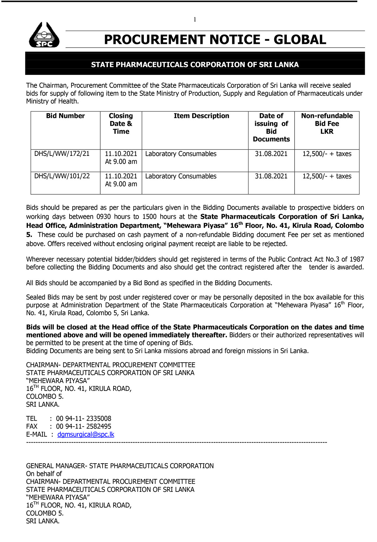 Procurement Notice- GlobalState Pharmaceuticals Corporation of Sri ...