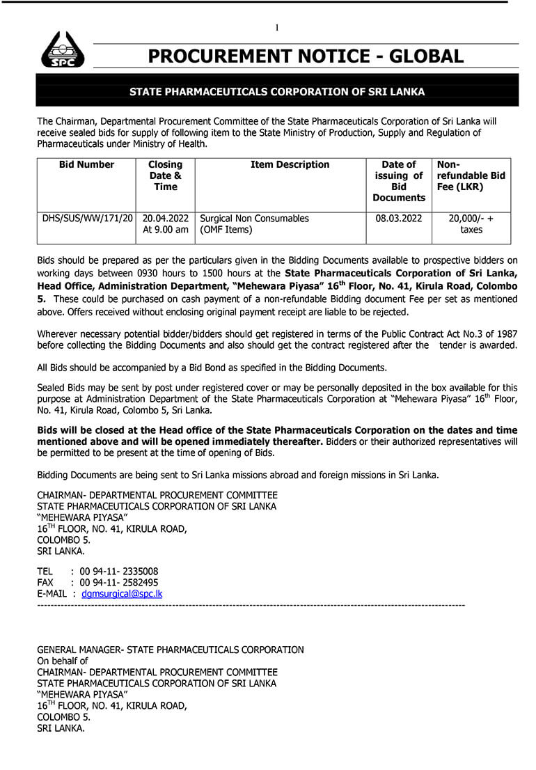 Procurement Notice -GlobalState Pharmaceuticals Corporation of Sri ...