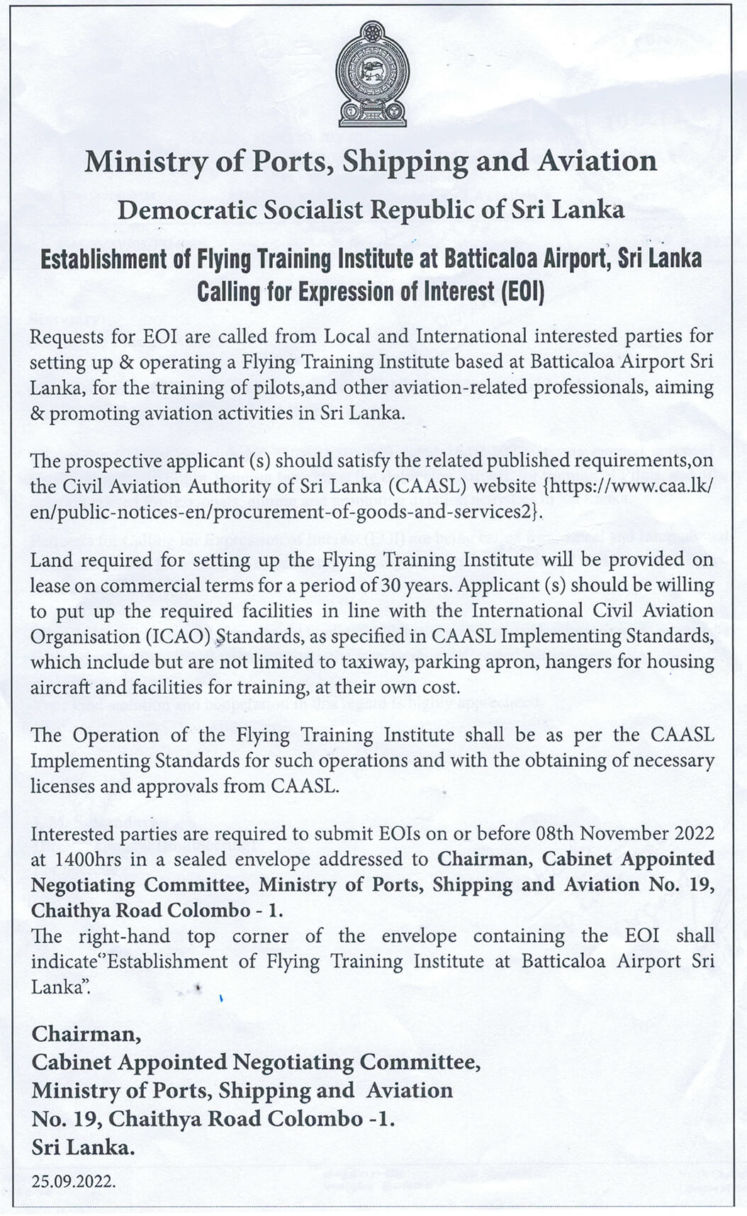 EXPRESSION OF INTEREST FOR MINISTRY OF PORTS, SHIPPING AND AVIATION - CONSULATE GENERAL OF SRI ...