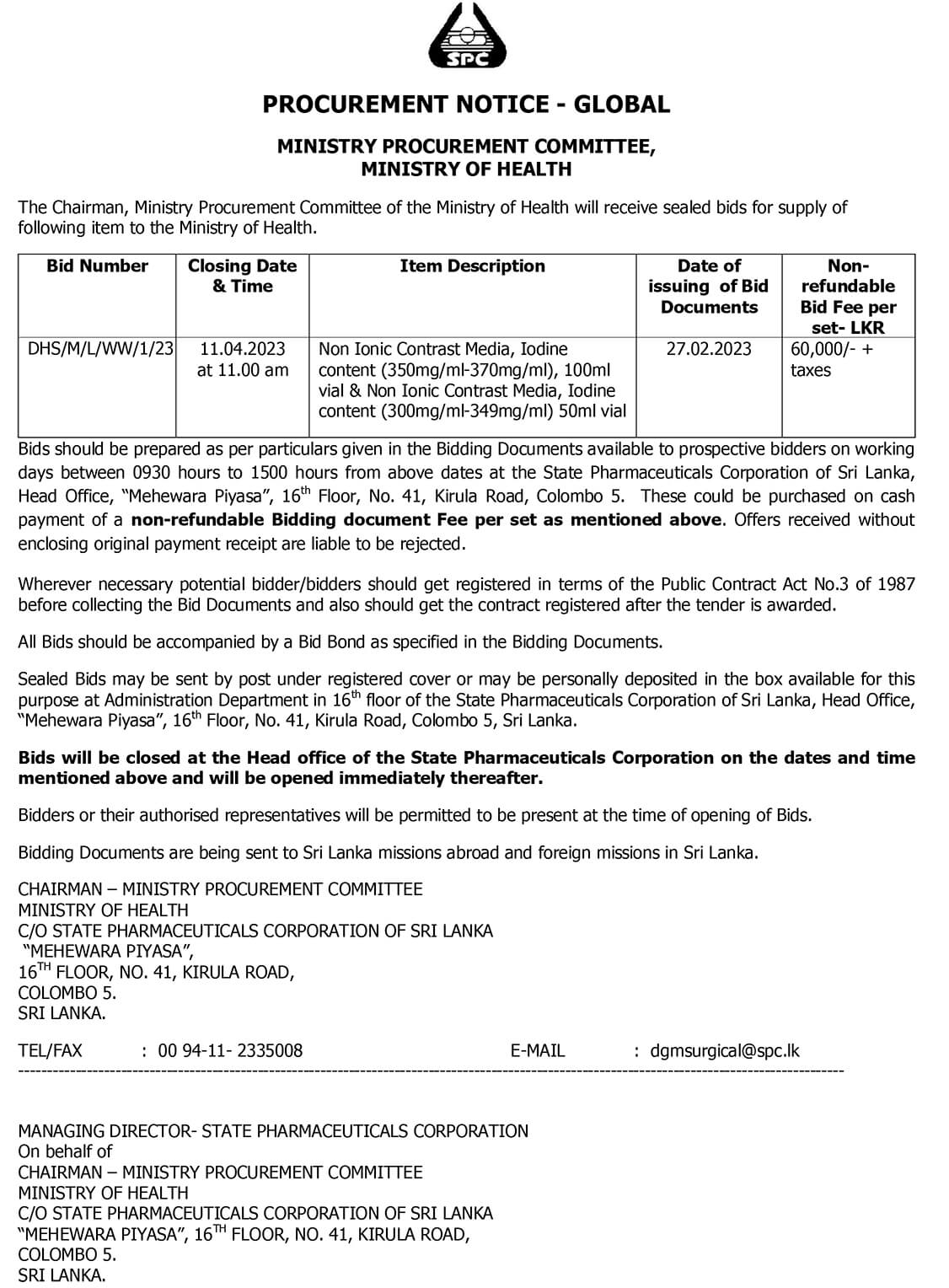 Procurement Notice State Pharmaceuticals Corporation of Sri Lanka ...