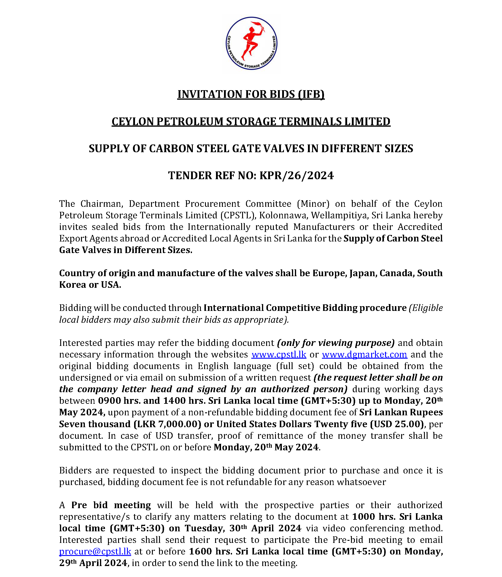 Invitation for Bids - Ceylon Petroleum Storage Terminals Limited Supply of Carbon Steel Gate ...