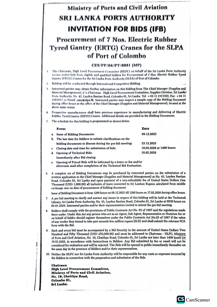 Invitation for Bids (IFB) – Sri Lanka Ports Authority Procurement of 7 ...
